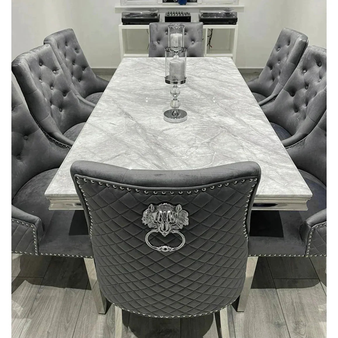 Denver luxury Marble 1.8m Dining Table and Bentley Knocker Chairs