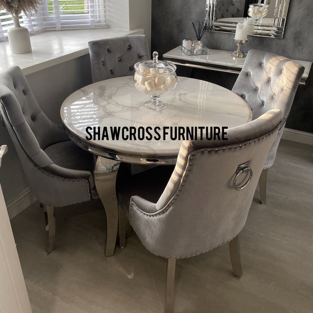 110cm Louis White And Grey Marble Table With 4 Cheshire Knocker Dining