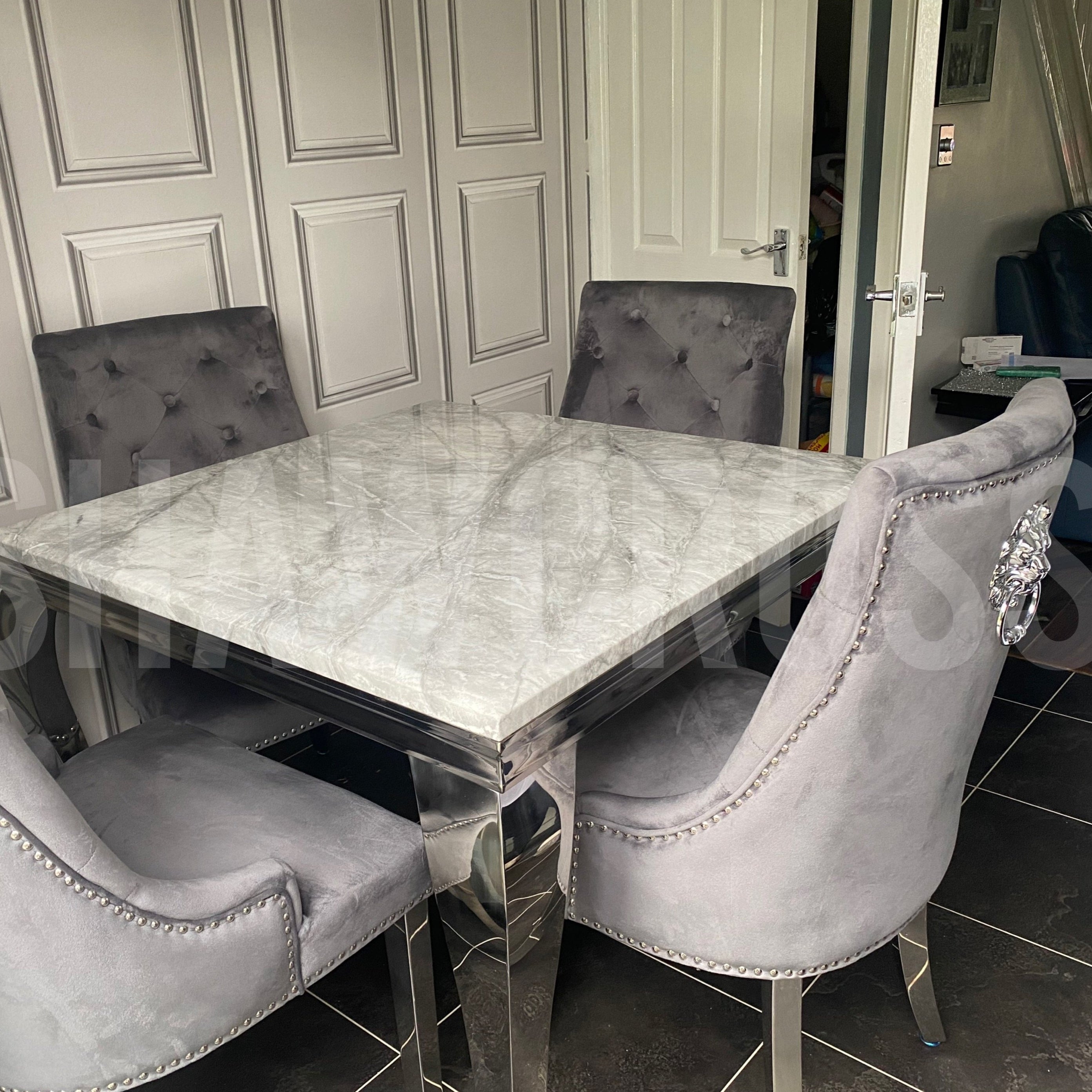 louis 1m x1m marble dining set with velvet knocker chairs