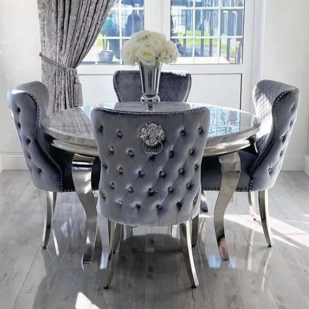 Louis marble 130Cm Round Dining Set With 4 Lewis Button Back Lion Chai